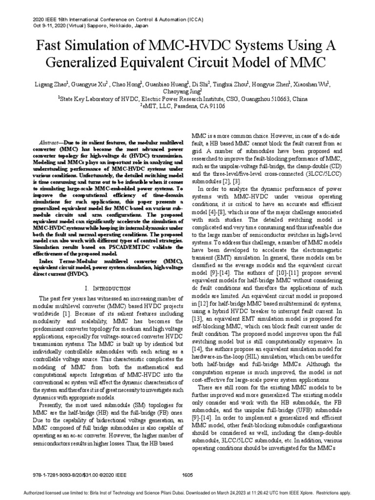 Fast Simulation of MMC-HVDC Systems Using A Generalized Equivalent Circuit Model of MMC | PDF