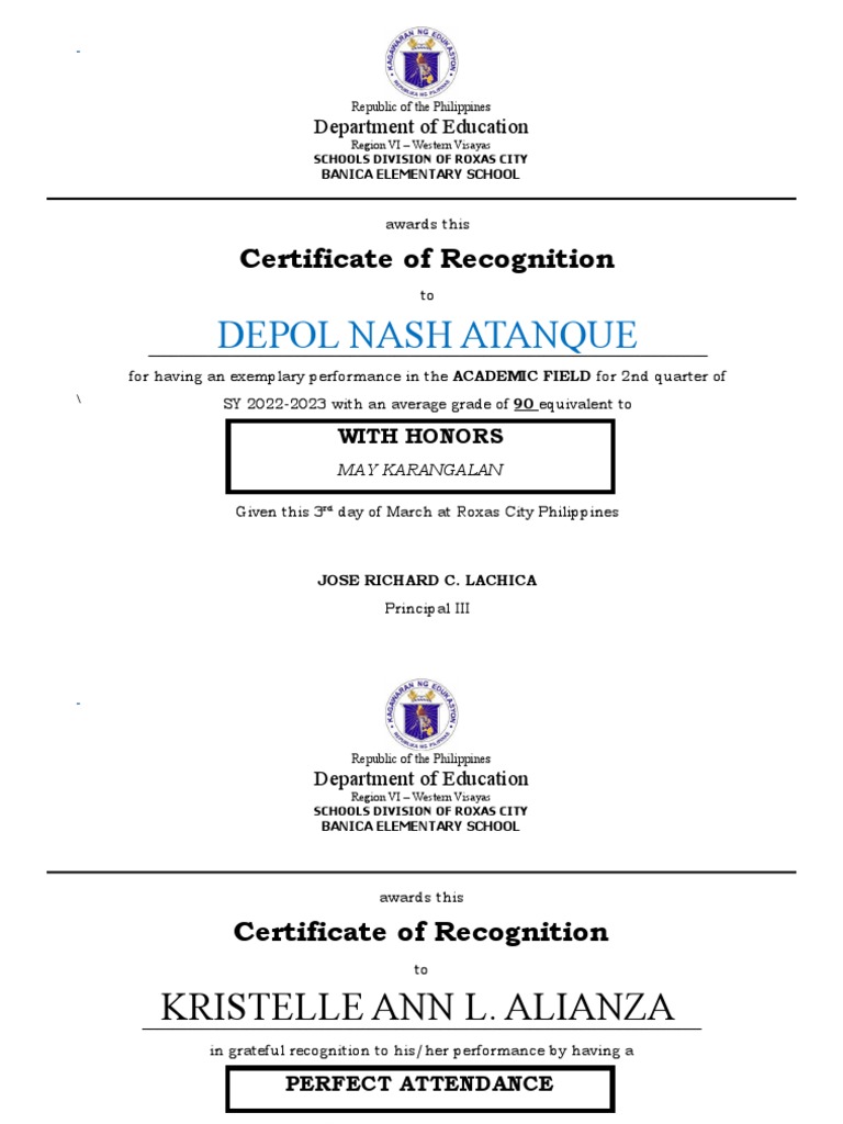 Certificate With Honors and Perfect Attendance | PDF