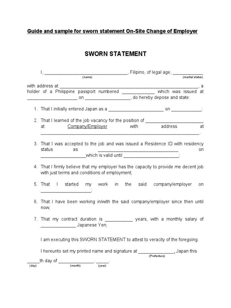 Sworn Statement for Change of Employer | PDF