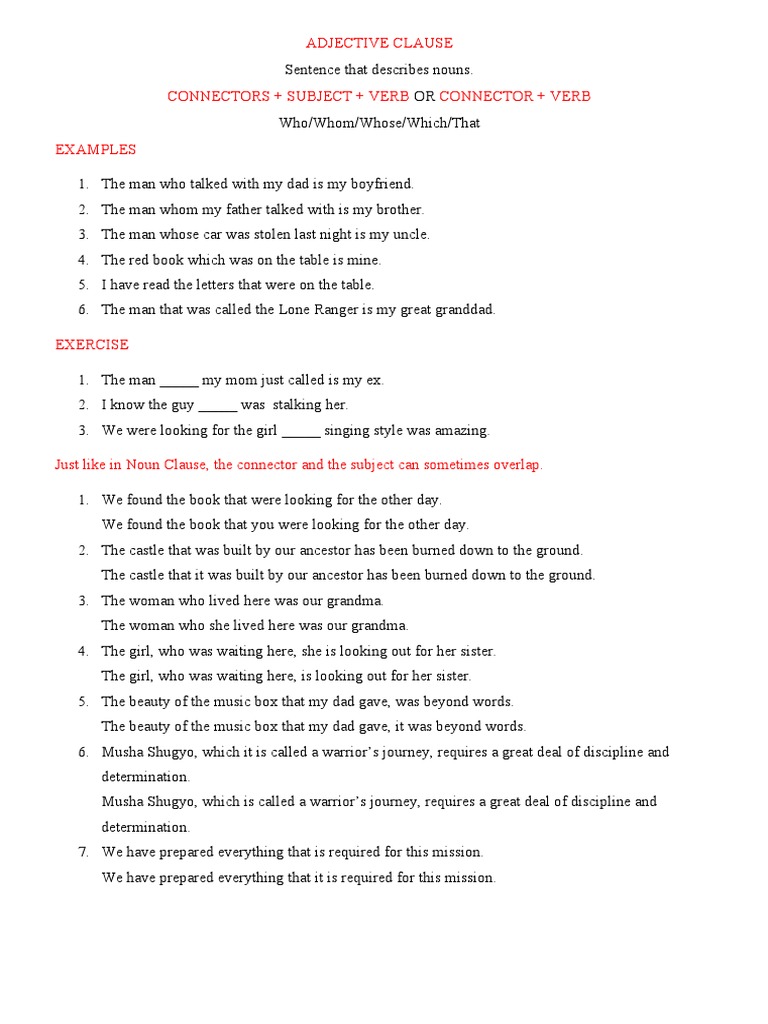 Adjective Clause Connectors + Subject + Verb Connector + Verb Examples ...