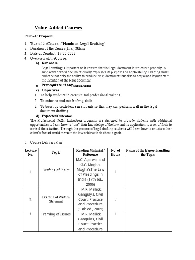 Hands On Legal Drafting SYllabus Final | PDF | Pleading | Public Law