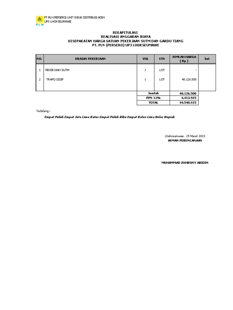 Rab Realisasi KR 0082 Trafo Sisip Pt. Ape | PDF