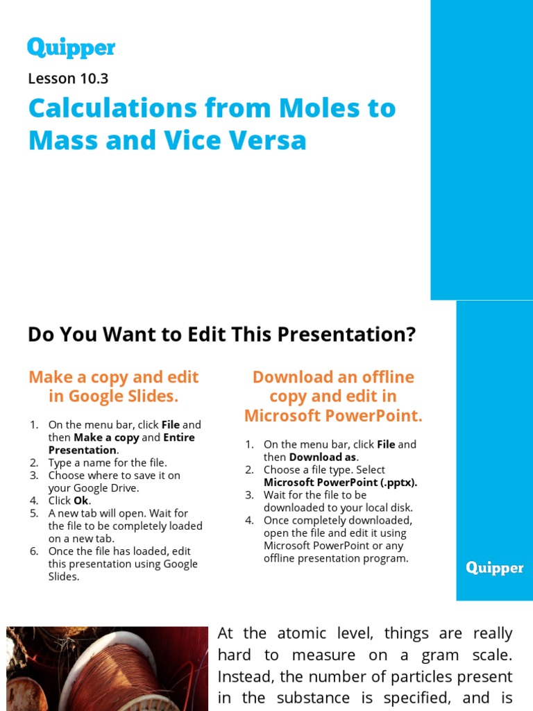 Calculations From Moles To Mass and Vice Versa: Lesson 10.3 | PDF ...