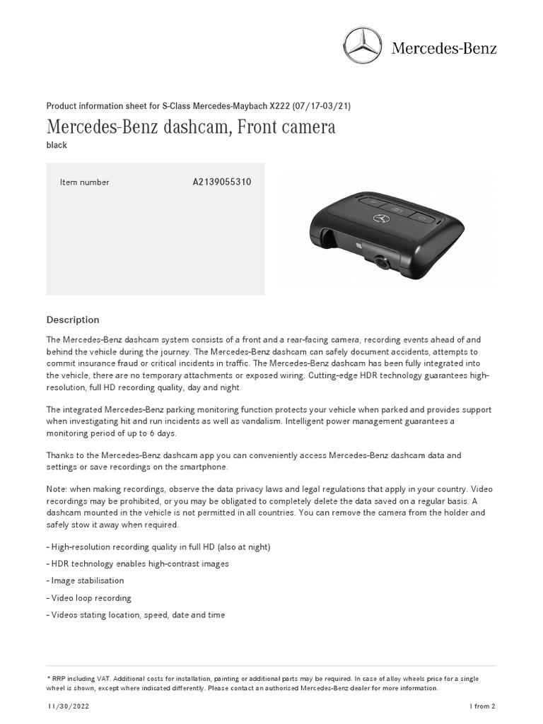 Mercedes-Benz Dashcam, Front Camera - Mercedes Benz | PDF | Smartphone