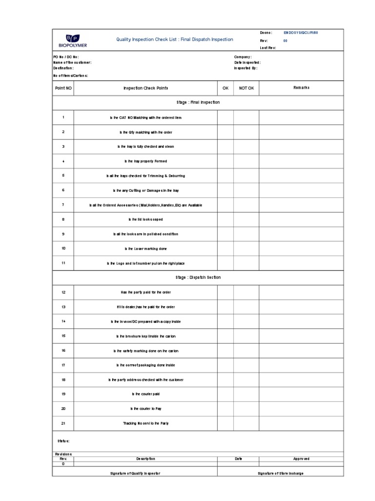 Final Dispatch Quality Inspection Checklist | PDF