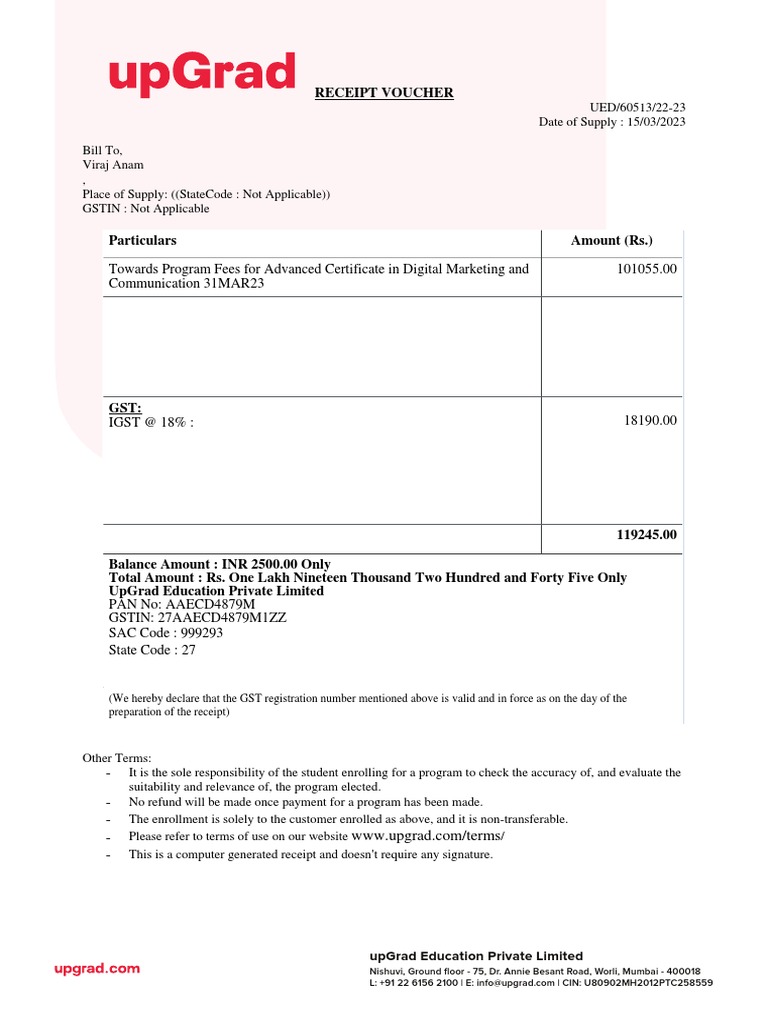 Receipt Voucher: Towards Program Fees For Advanced Certificate in ...