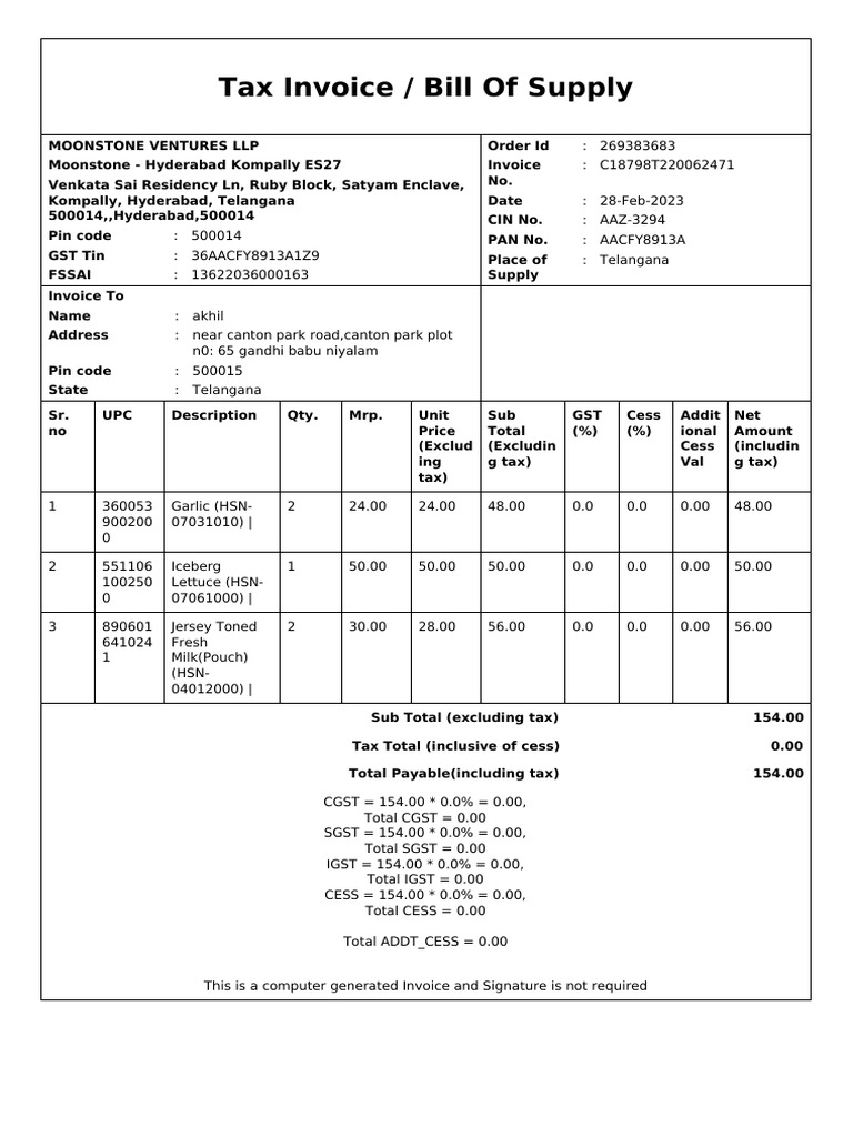Tax invoice for groceries purchase | PDF | Public Administration ...