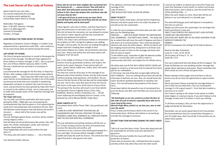 The Last Secret of Our Lady of Fatima | PDF | Our Lady Of Fátima | Mary ...