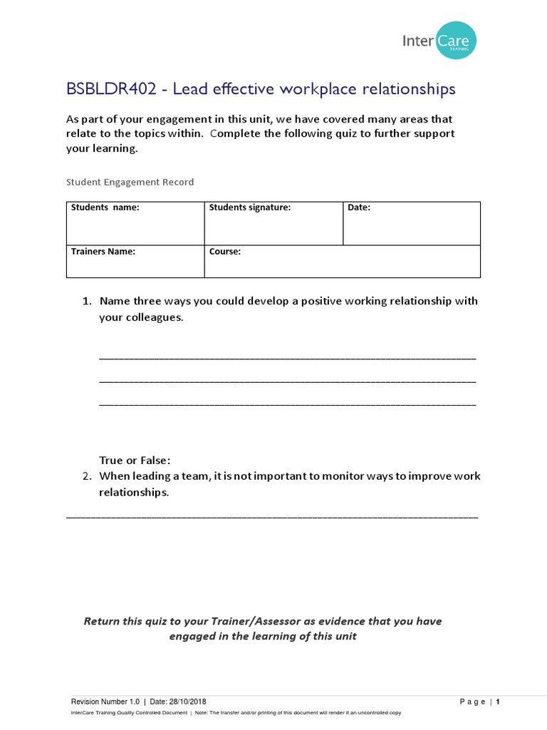 Workplace Relationships Quiz for BSBLDR402 | PDF