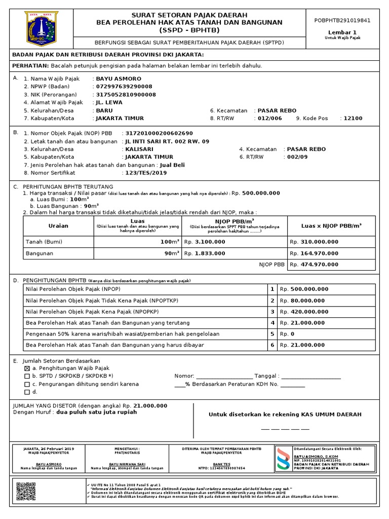 SURAT SETORAN PAJAK DAERAH BEA PEROLEHAN HAK ATAS TANAH DAN BANGUNAN | PDF