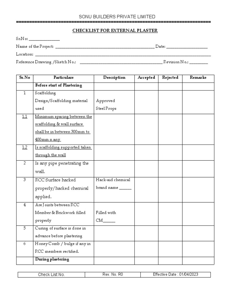 Checklist For External Plaster | PDF | Plaster | Architectural Elements