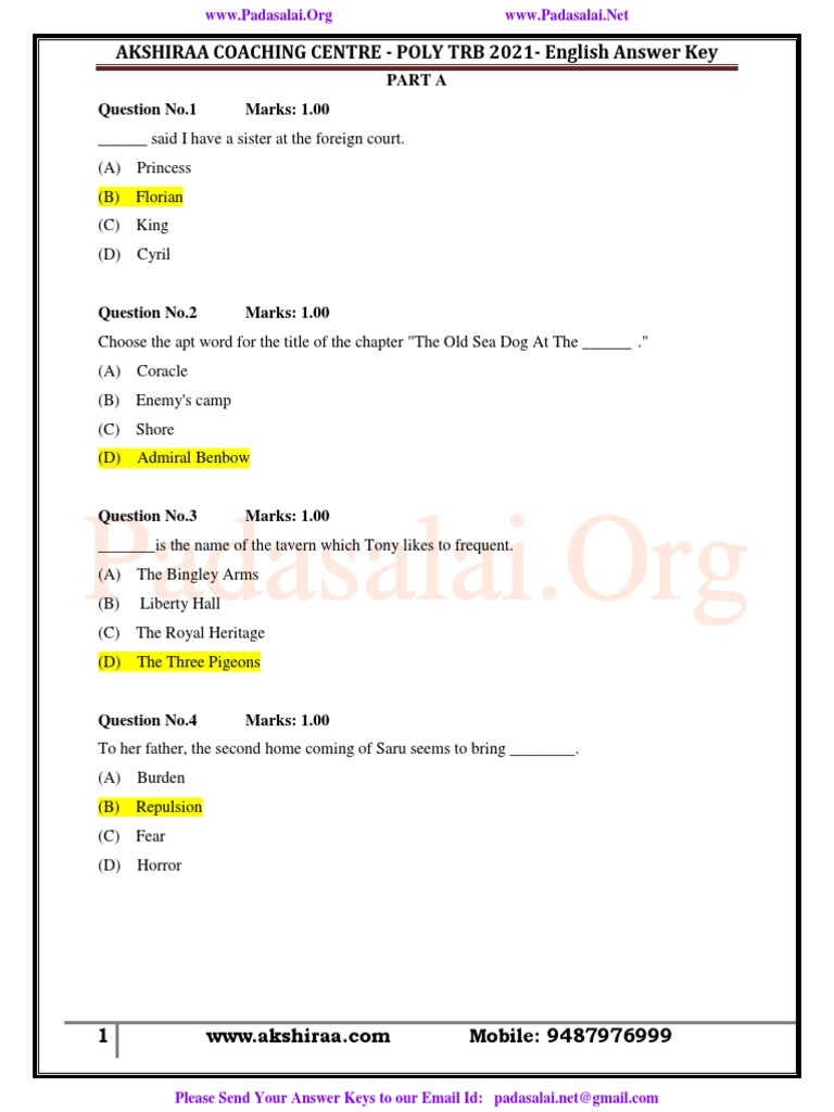 Polytechnic TRB Exam 2021 - English Answer Keys - English Medium PDF ...