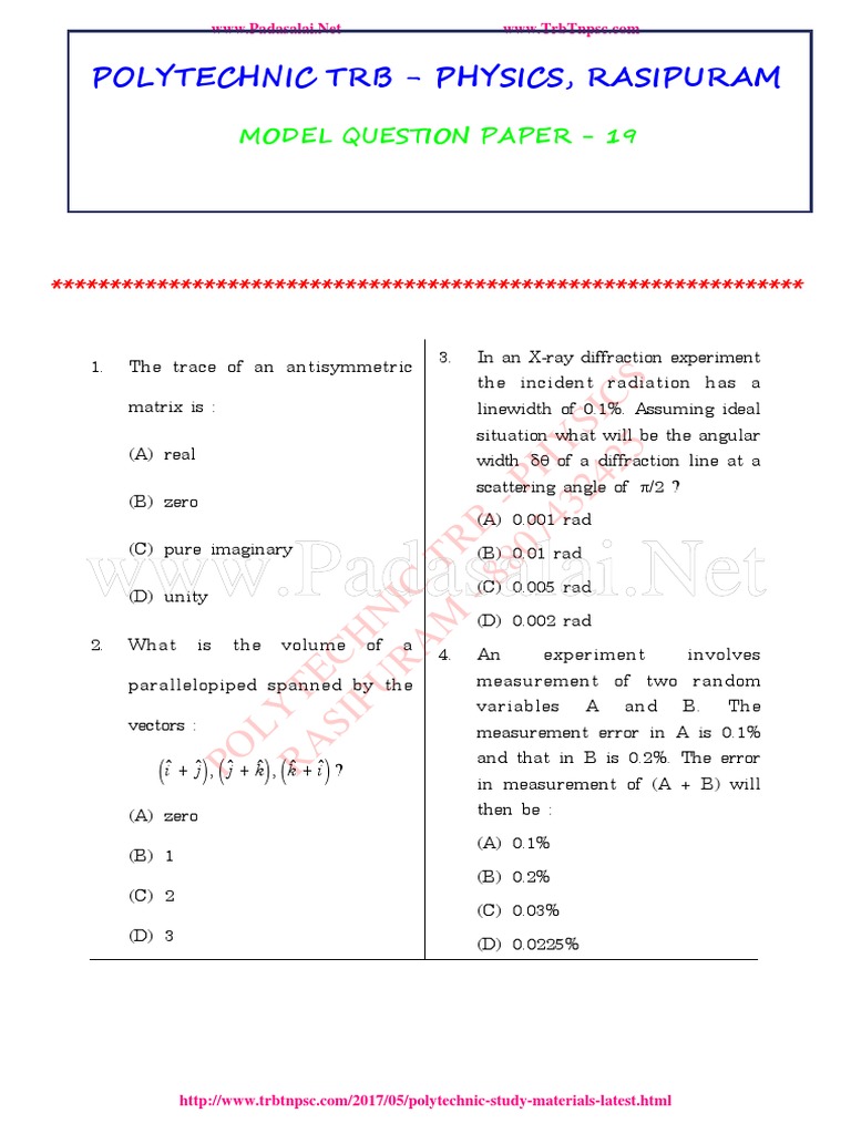 21 Polytechnic Physics PGTRB Model Question Paper 19 | PDF | Electron | Tension (Physics)