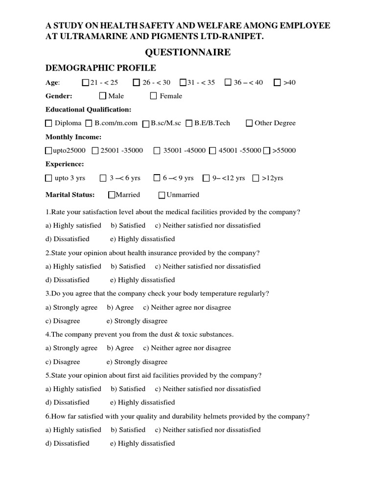 Questionnaire: A Study On Health Safety and Welfare Among Employee at ...