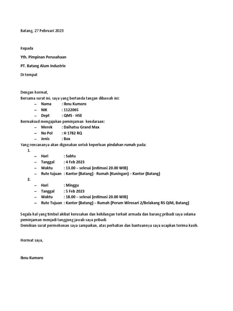 Ijin Pinjam Kendaraan | PDF