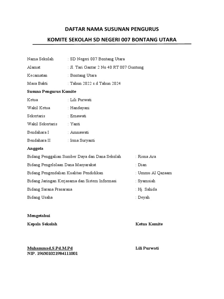 Daftar Nama Susunan Pengurus Komite | PDF