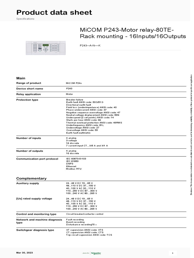 MiCOM P243 Motor Relay Specifications | PDF | Power Supply | Computing