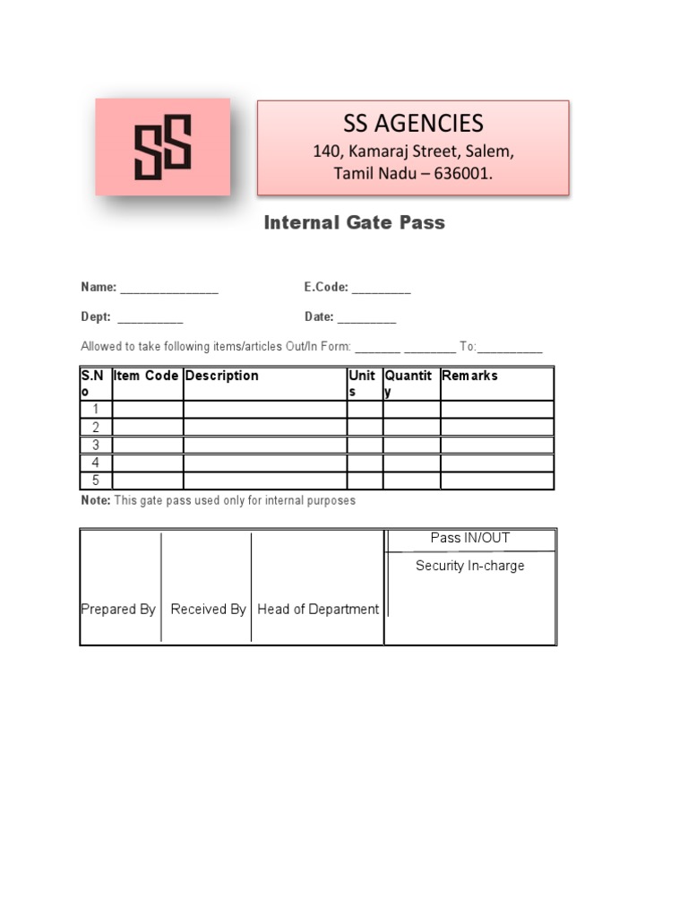 Internal Gate Pass Template | PDF