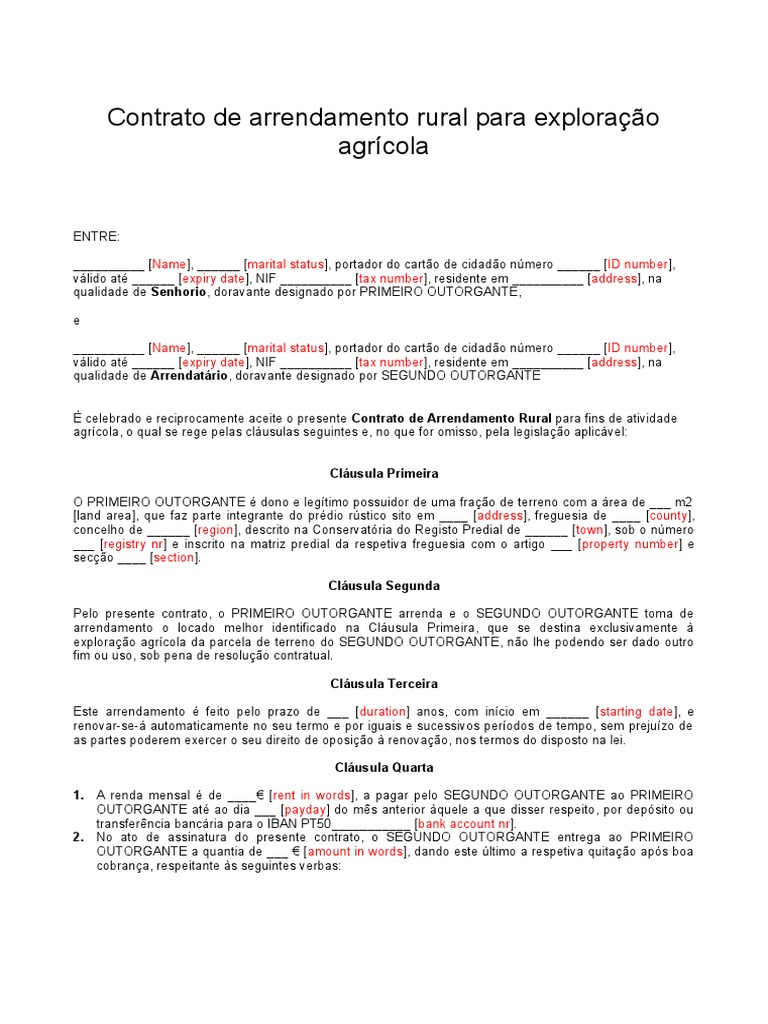 Contrato de arrendamento rural para exploração agrícola | PDF | Leasing ...