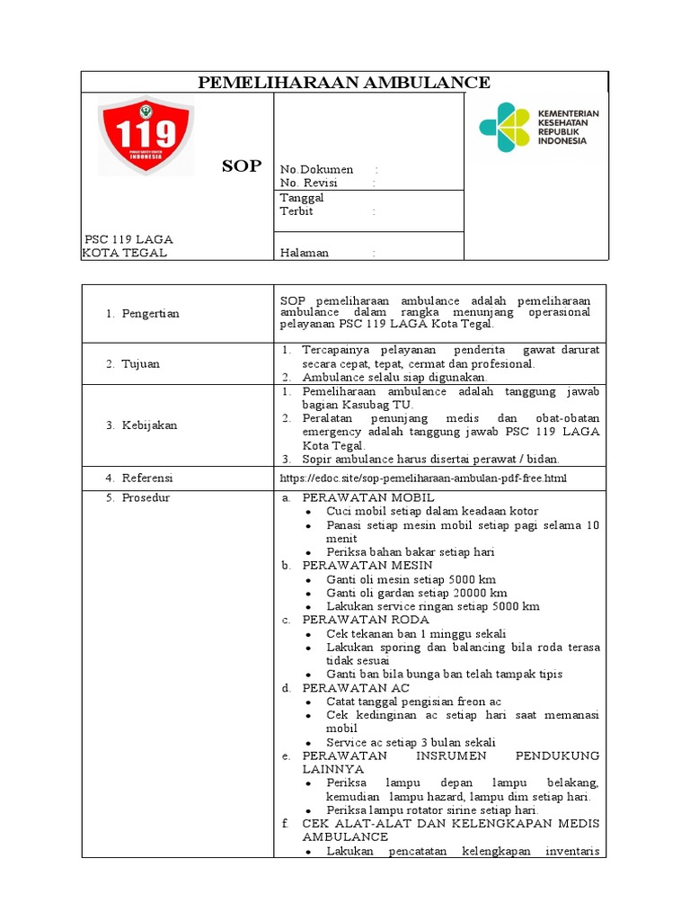 SOP Pemeliharaan Ambulance PSC 119 LAGA | PDF