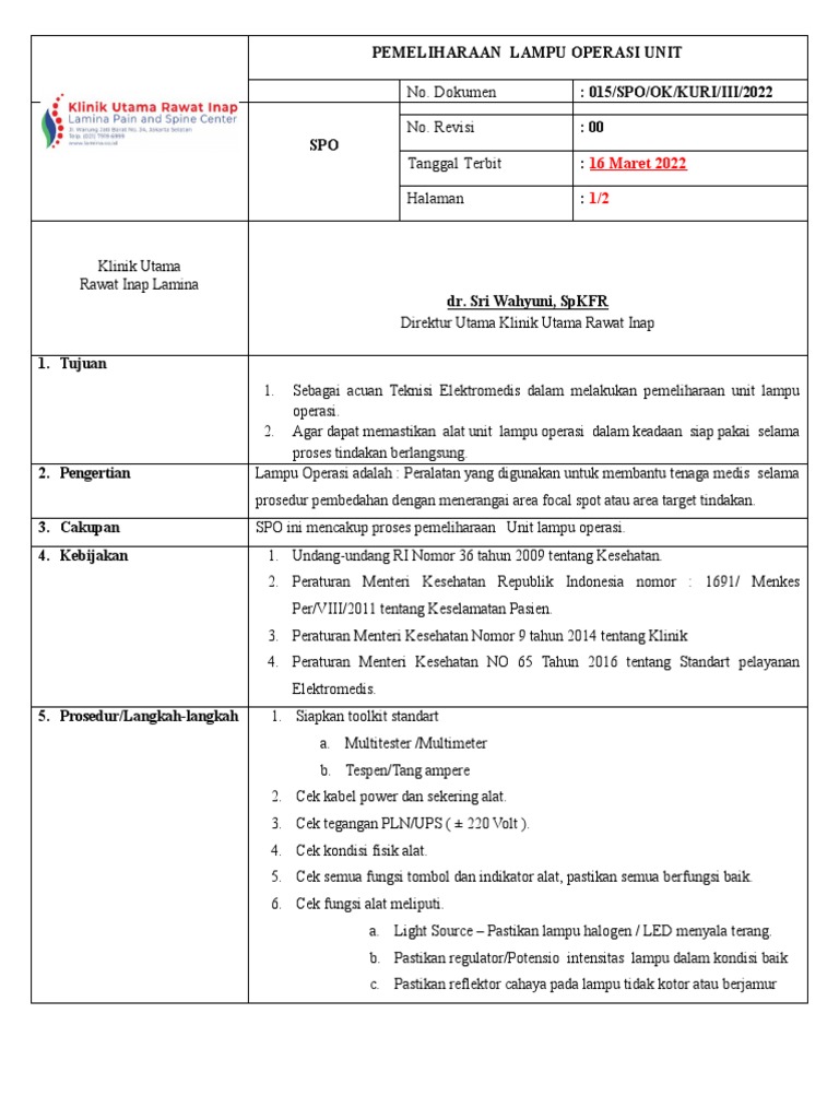 Prosedur PEMELIHARAAN Lampu Operasi | PDF