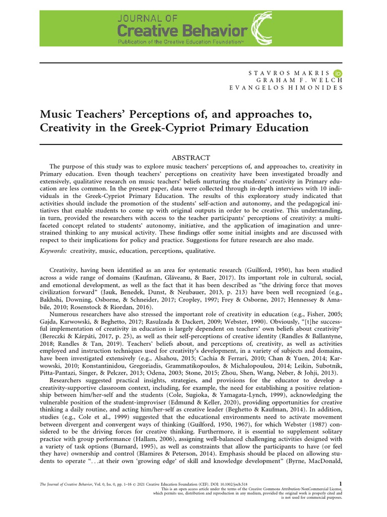 Music Teachers Perceptions of and Approaches To C | PDF | Creativity | Music Education