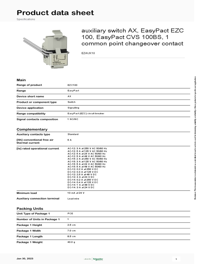 Product Data Sheet: Auxiliary Switch Ax, Easypact Ezc 100, Easypact Cvs ...