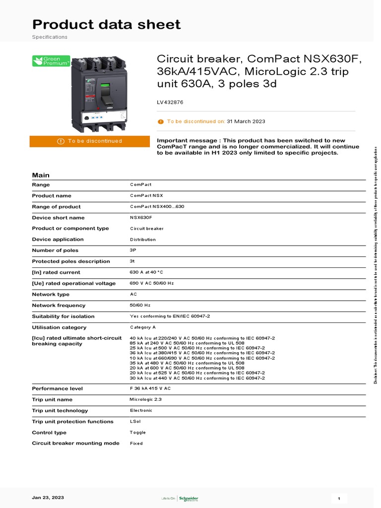 Product Data Sheet: Circuit Breaker, Compact Nsx630F, 36Ka/415Vac ...