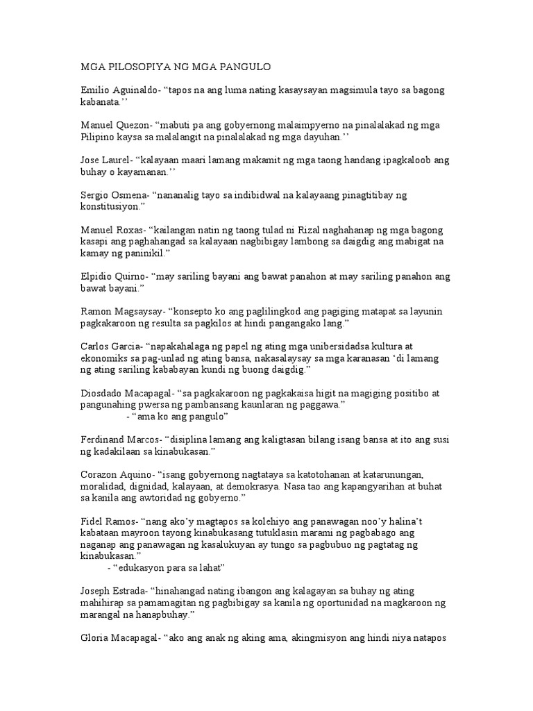 Mga Pilosopiya NG Mga Pangulo | PDF