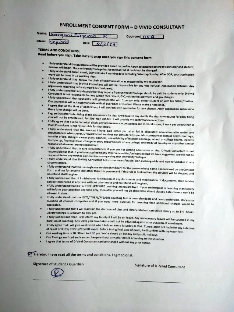 Dotesb/23: Enrollment Consent Form-D Vivid Consultant | PDF
