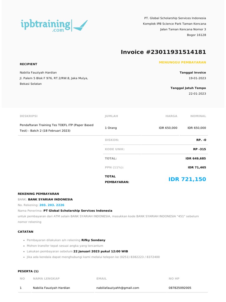Invoice #23011931514181: Deskripsi Jumlah Harga Nominal | PDF