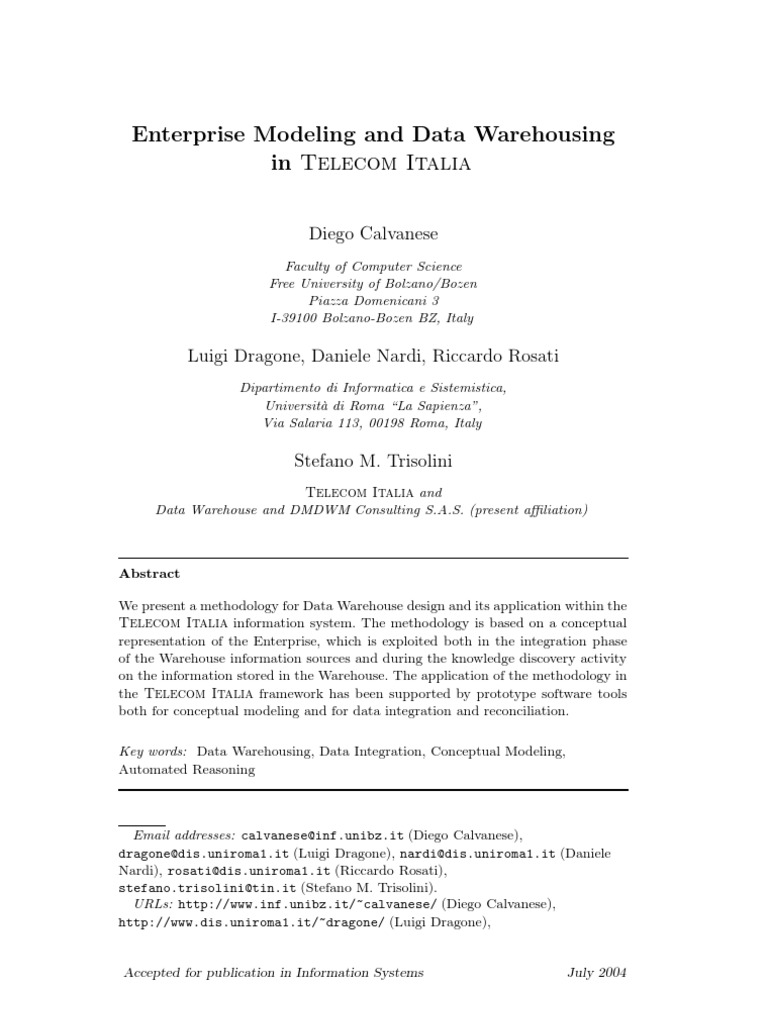 Enterprise Modeling and Data Warehousing in Telecom Italia: Diego ...