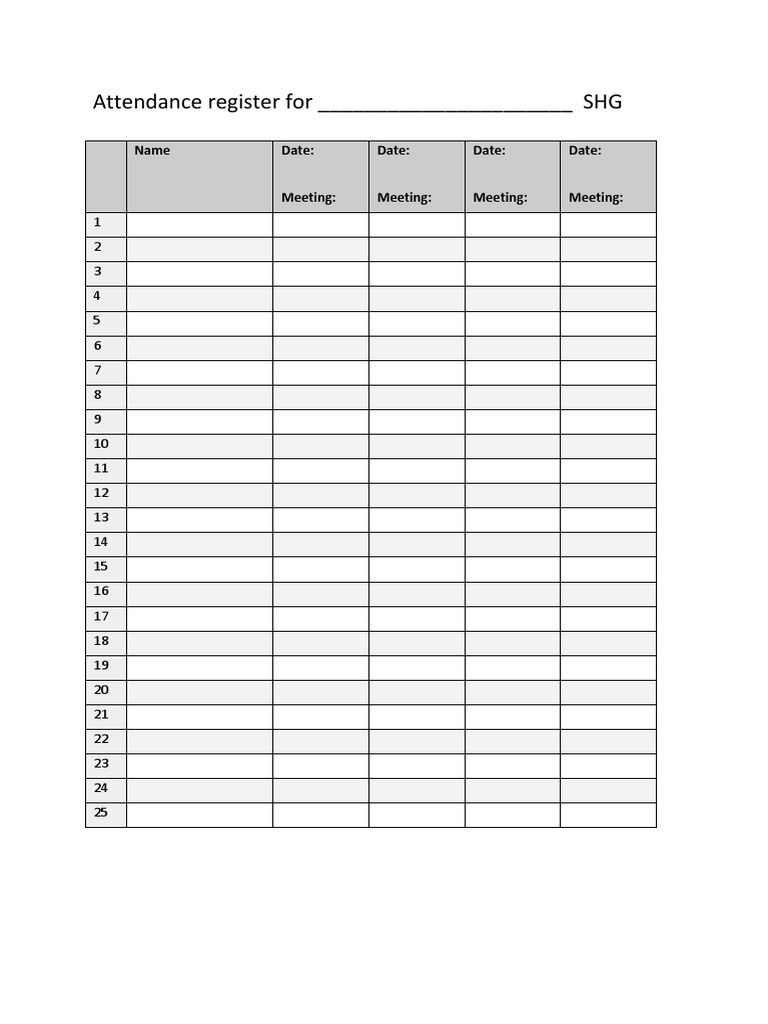 Attendance Register For - SHG: Name Date: Date: Date: Date | PDF ...