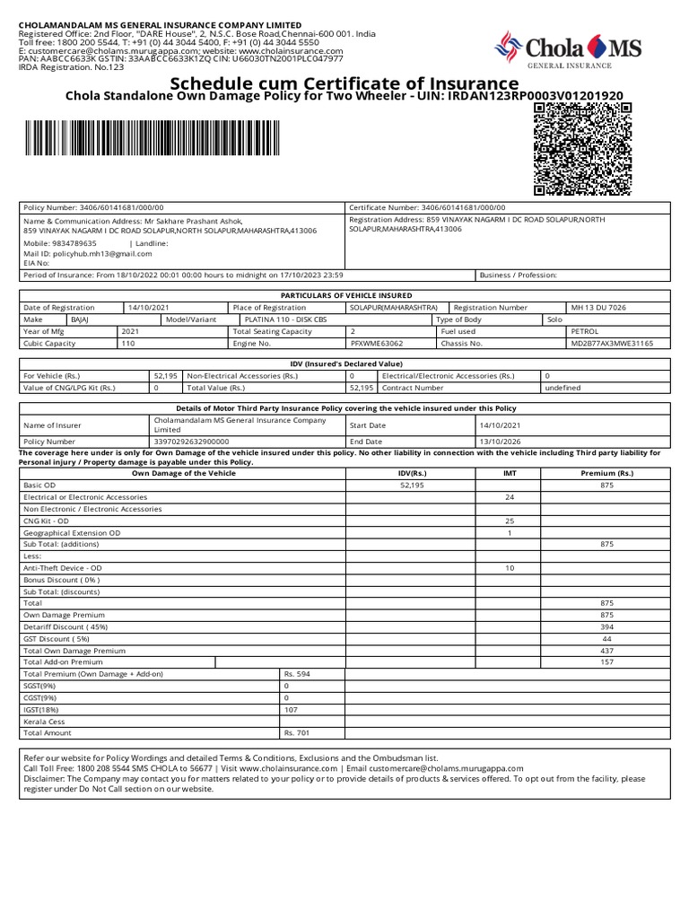 Schedule Cum Certificate of Insurance: Chola Standalone Own Damage ...