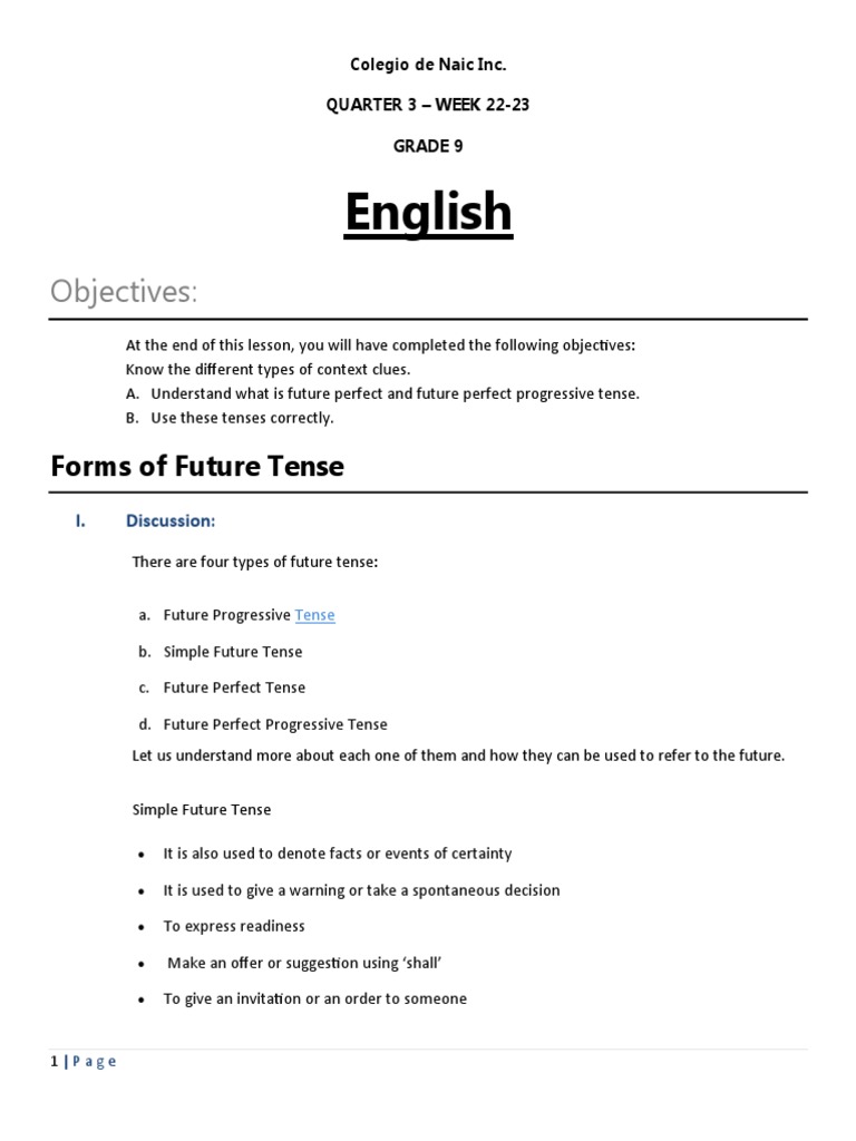 Future Tenses Overview for Grade 9 | PDF | Grammatical Tense | Verb