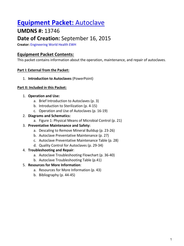 Equipment Packet: Autoclave: UMDNS #: 13746 Date of Creation: September ...