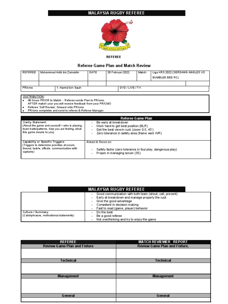 Malaysia Rugby Referee: Referee Game Plan and Match Review | PDF
