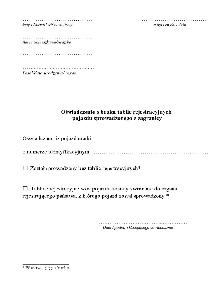 Oświadczenie o Braku Tablic Rejestracyjnych Pojazdu Sprowadzonego Z Zagranicy | PDF
