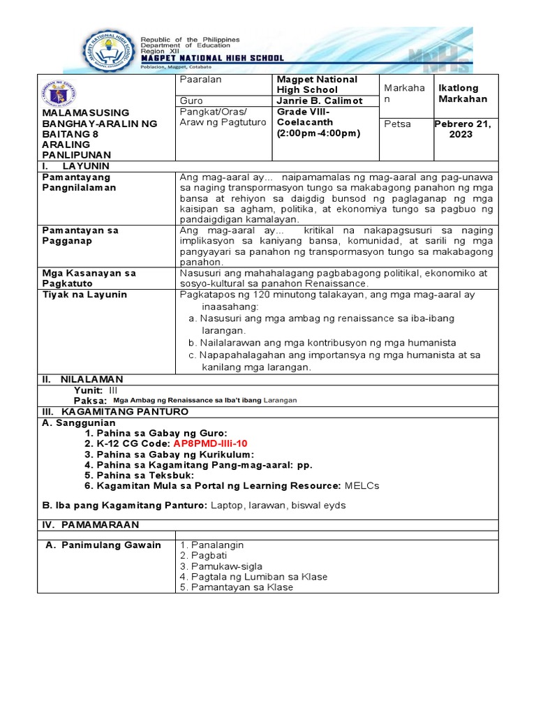 GRADE 8 LESSON PLAN QUARTER 3 WEEK 1 Nasusuri Ang Mahahalagang Pagbabagong Politikal, Ekonomiko ...