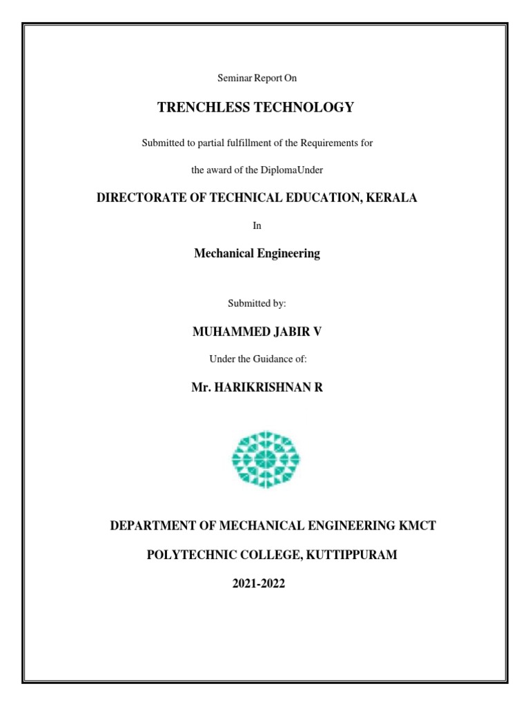 Trenchless Technology: Directorate of Technical Education, Kerala | PDF | Engineering | Trench