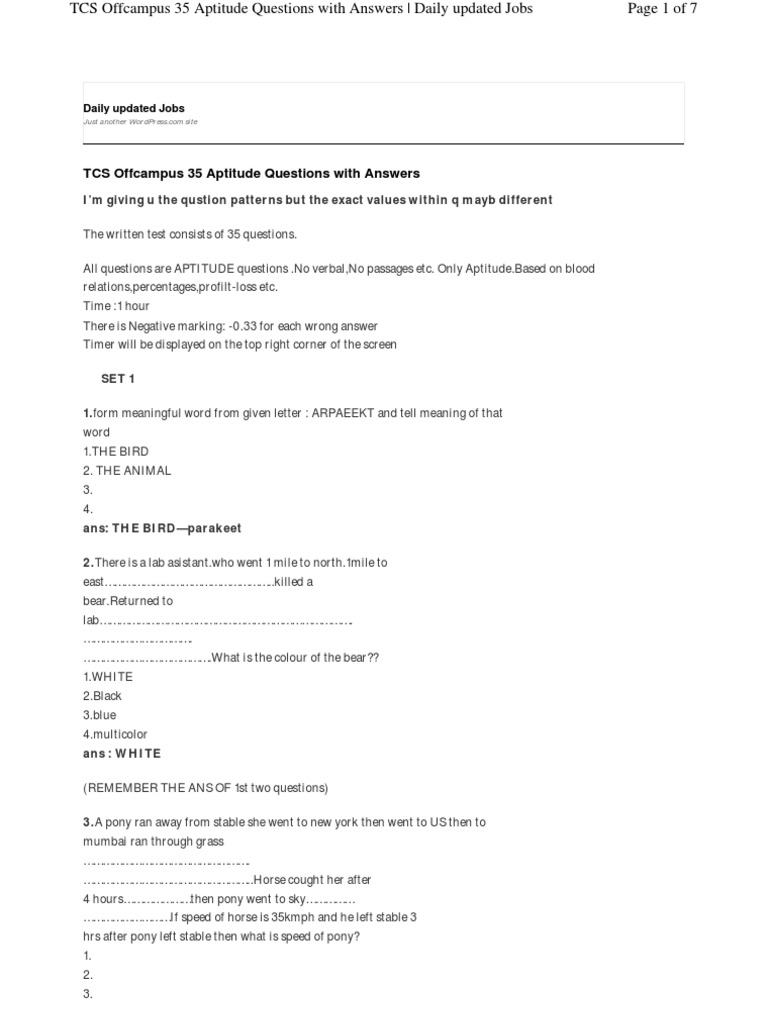 Tcs Offcampus 35 Aptitude Questions With Answers | PDF | Teaching ...
