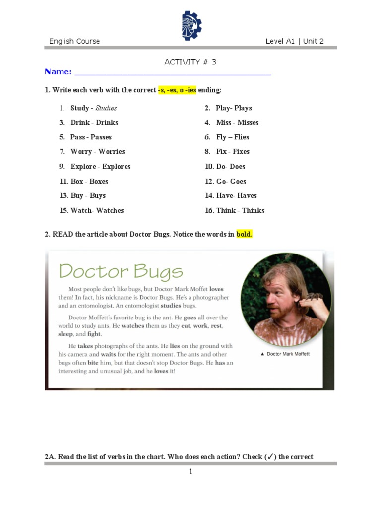 Verb Conjugation Practice and Identification of Subject-Verb ...