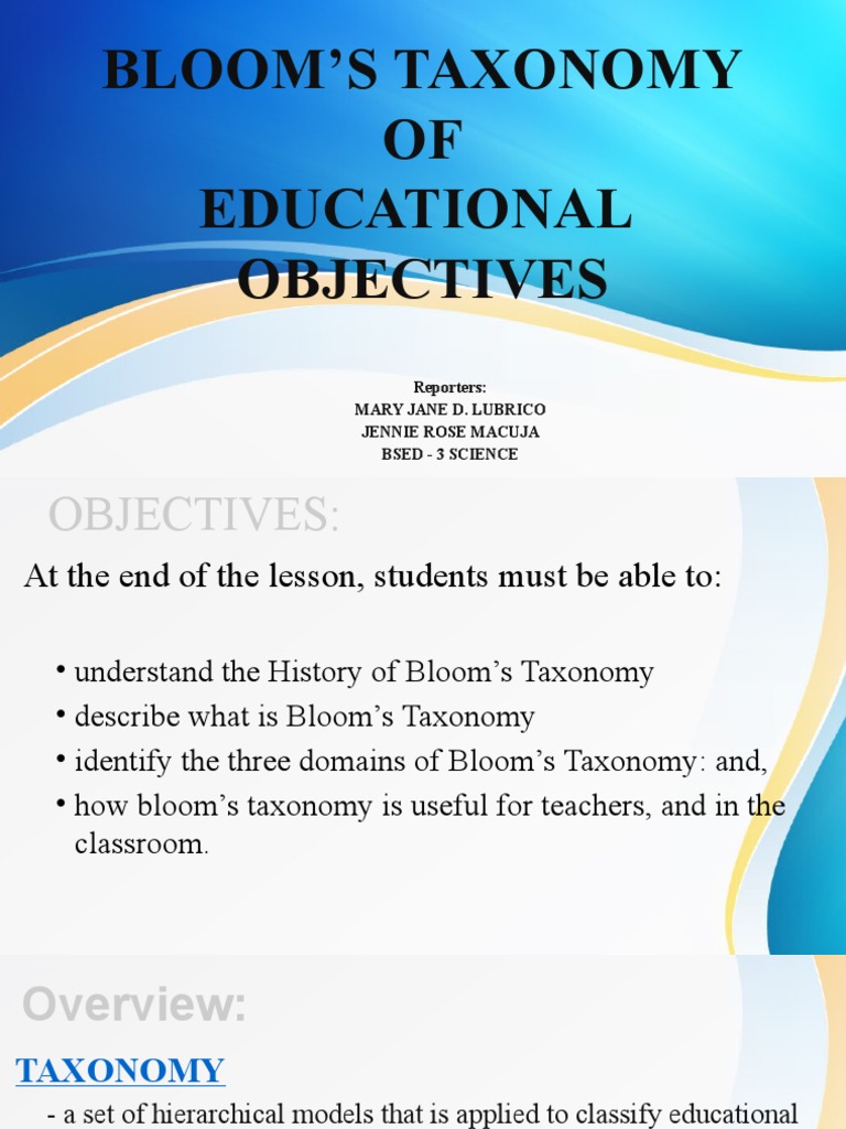 BLOOM's TAXONOMY OF EDUCATIONAL OBJECTIVES | PDF | Learning ...
