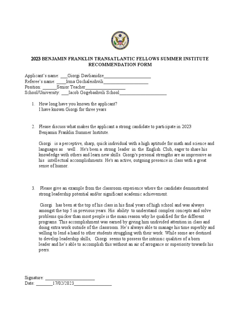 2023 Benjamin Franklin Transatlantic Summer Institute Recommendation Form | PDF