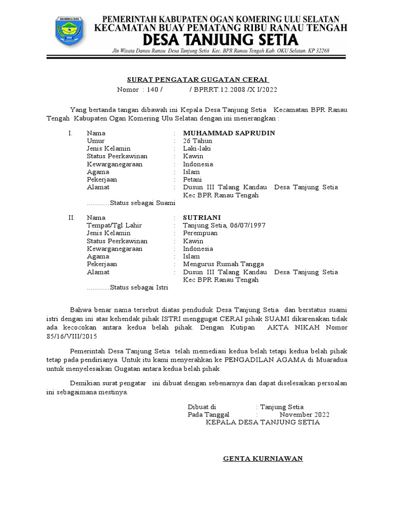 Surat Gugat Cerai Seset | PDF