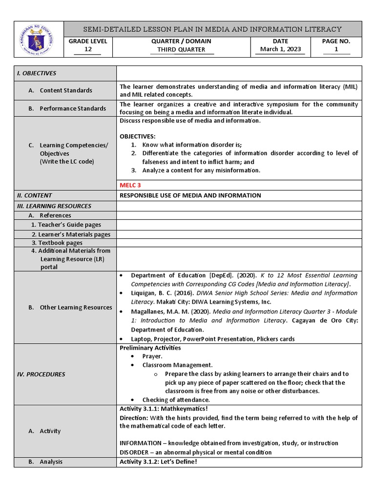 Grade 12 Media Literacy Lesson Plan | PDF | Cognition | Learning