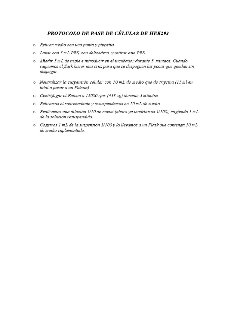 Protocolo de Pase de Células de Hek293 | PDF | Cocina, comidas y vino