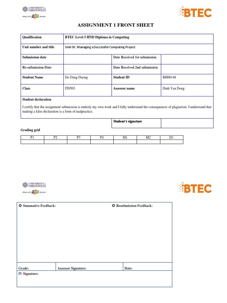 Unit 06 - Assignment 1 Frontsheet | PDF