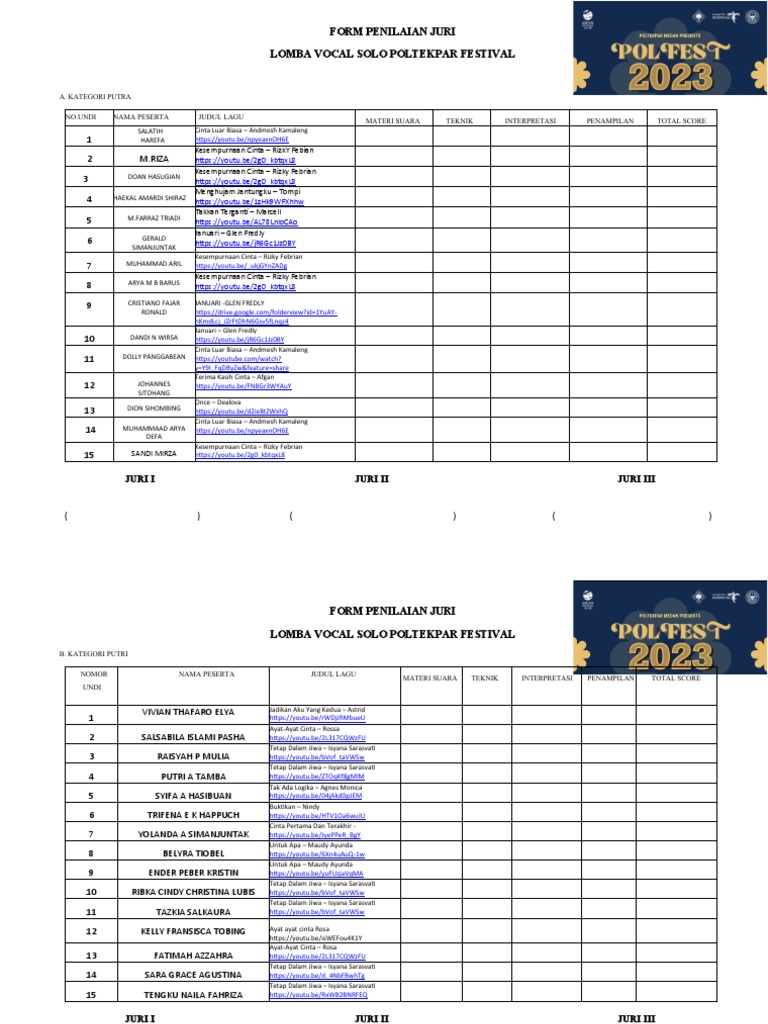 Form Penilaian Juri Lomba Vokal Solo Lagu (1) | PDF