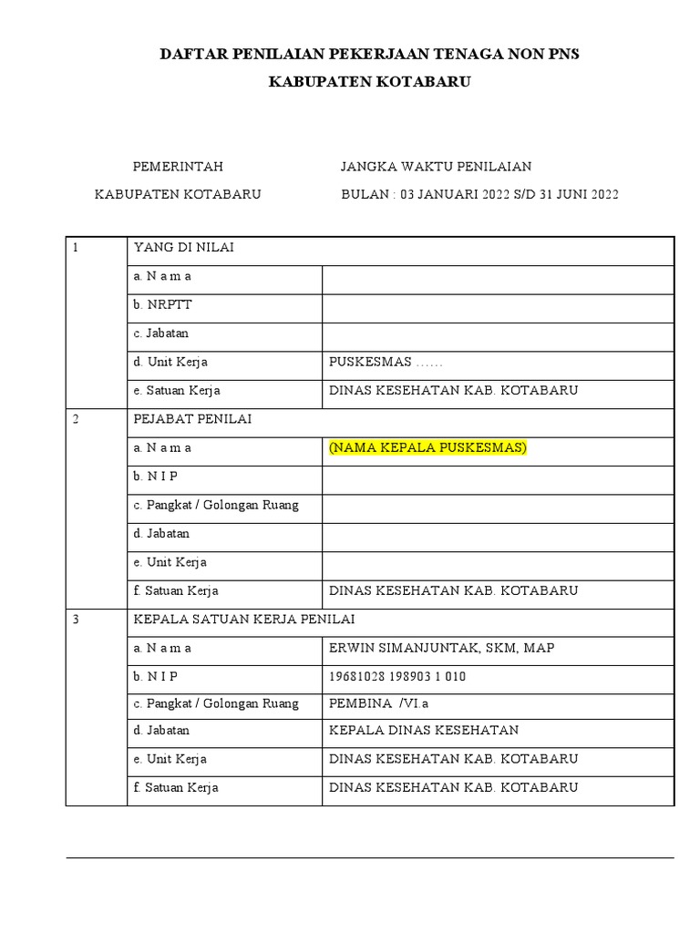 Contoh Penilaian DP3 Tenaga Non PNS | PDF